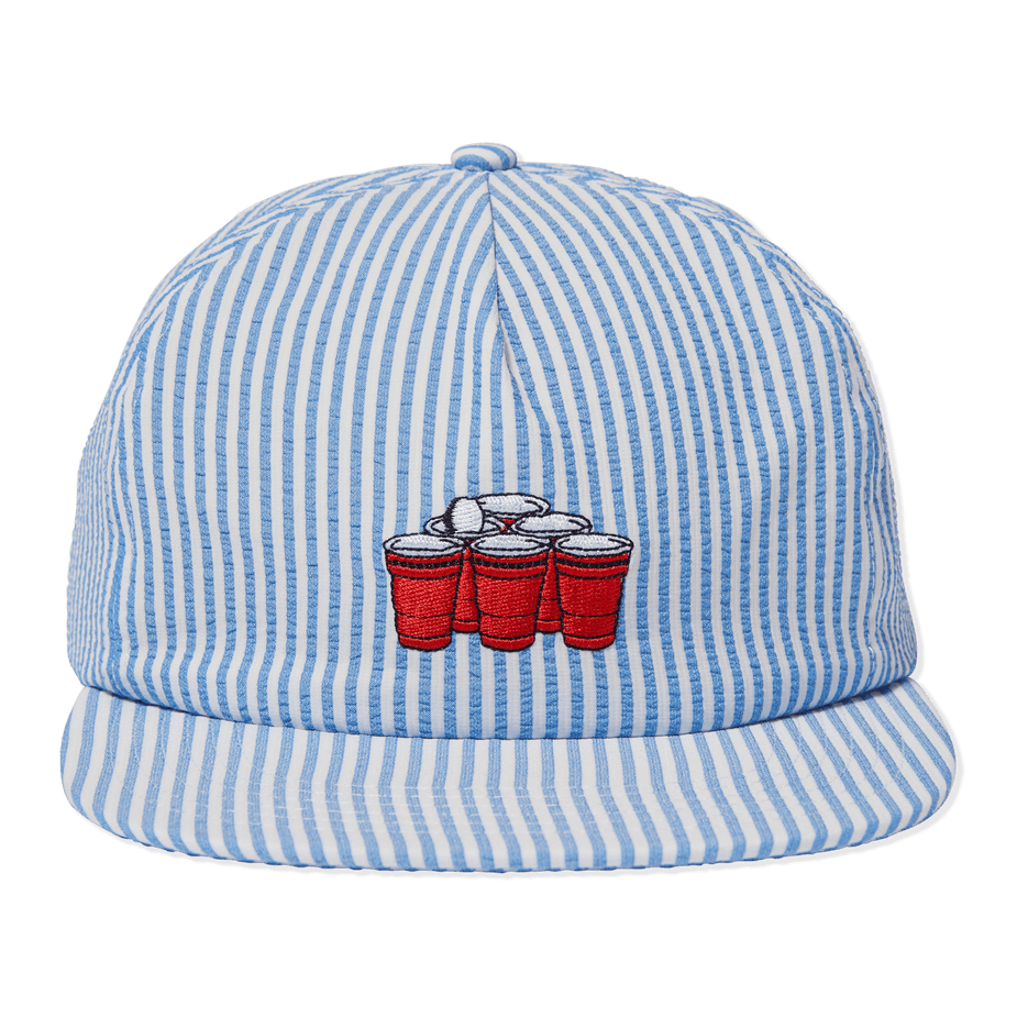 Blue - Unisex Embroidered Seersucker Hat - Beer Pong Striped 5 Panel ...